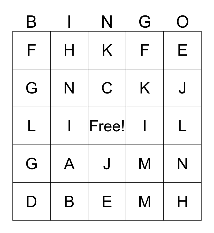 Alphabet Letters A - N Bingo Card