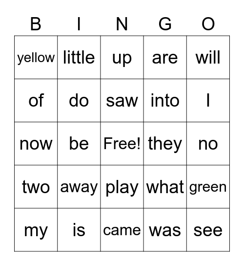 Sight Words Bingo Card
