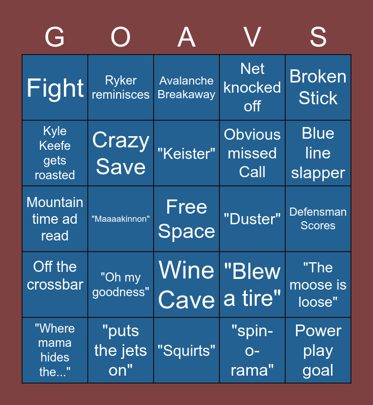 Colorado Avalanche Playoff Bingo Card