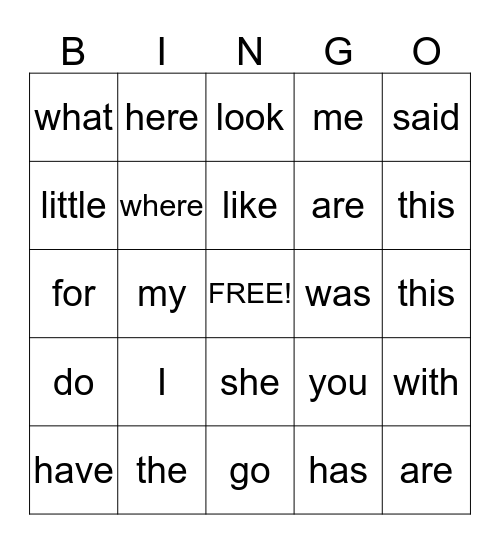 High Frequency Words Bingo Card