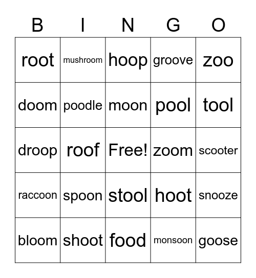 Words with long oo Bingo Card