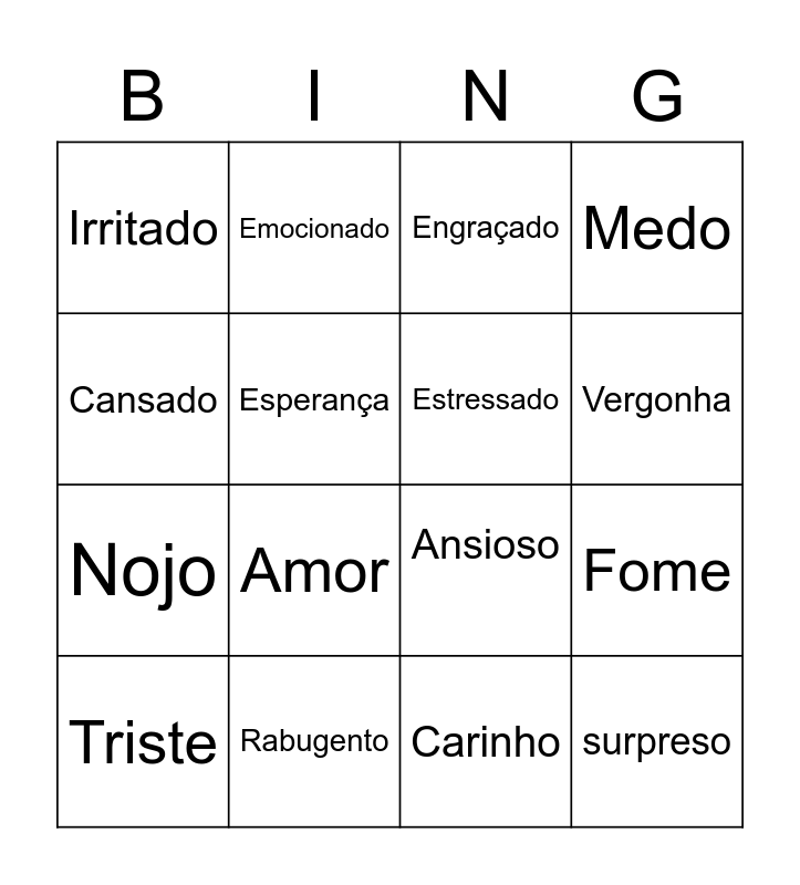 Bingo das Emoções e Sentimentos Bingo Card