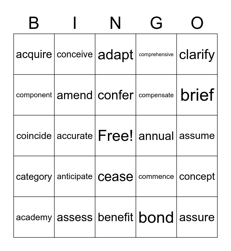 Tier 2 Synonyms - A-C Bingo Card