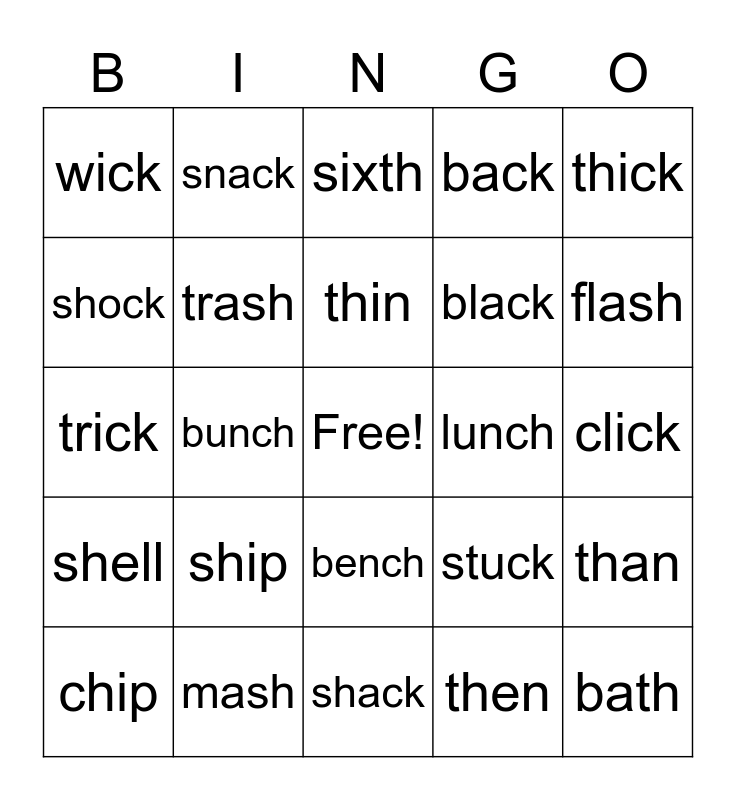 Digraph Bingo Card