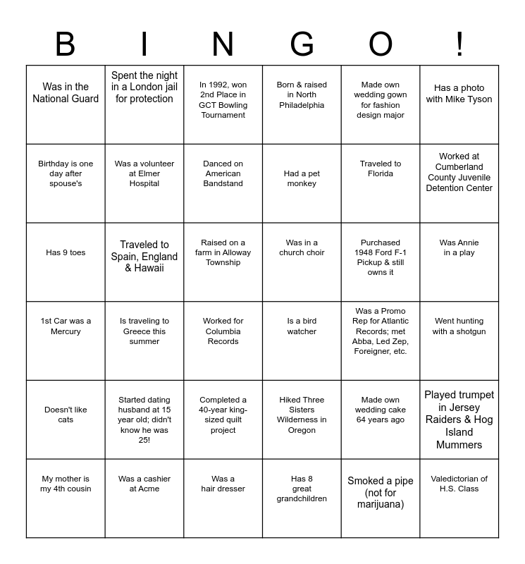 Friendship Bingo Card