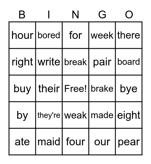 Homophones Bingo Card