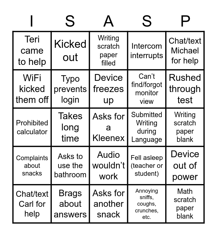 ISASP Bingo Card