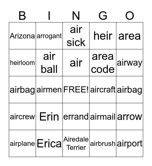 Initial "AIR" Words Bingo Card