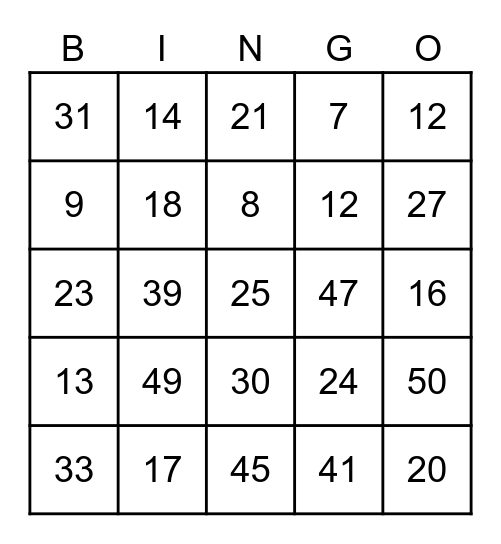Number 1-50 Bingo Card