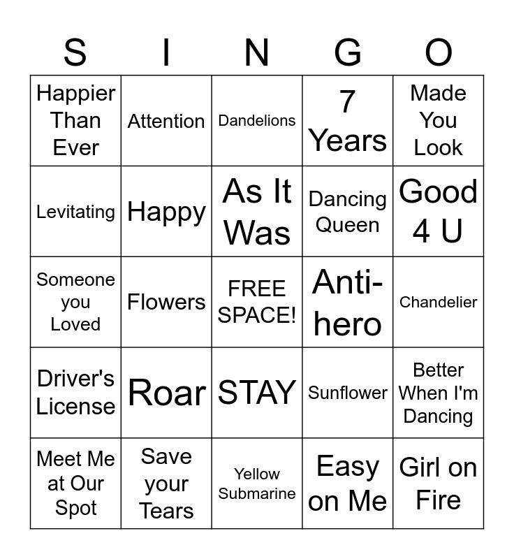 Pop Music Singo Bingo Card