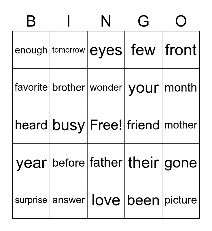 1st Block 6 Bingo Card