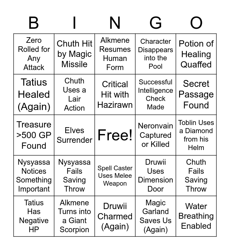 Death by Green Dragon Bingo Card