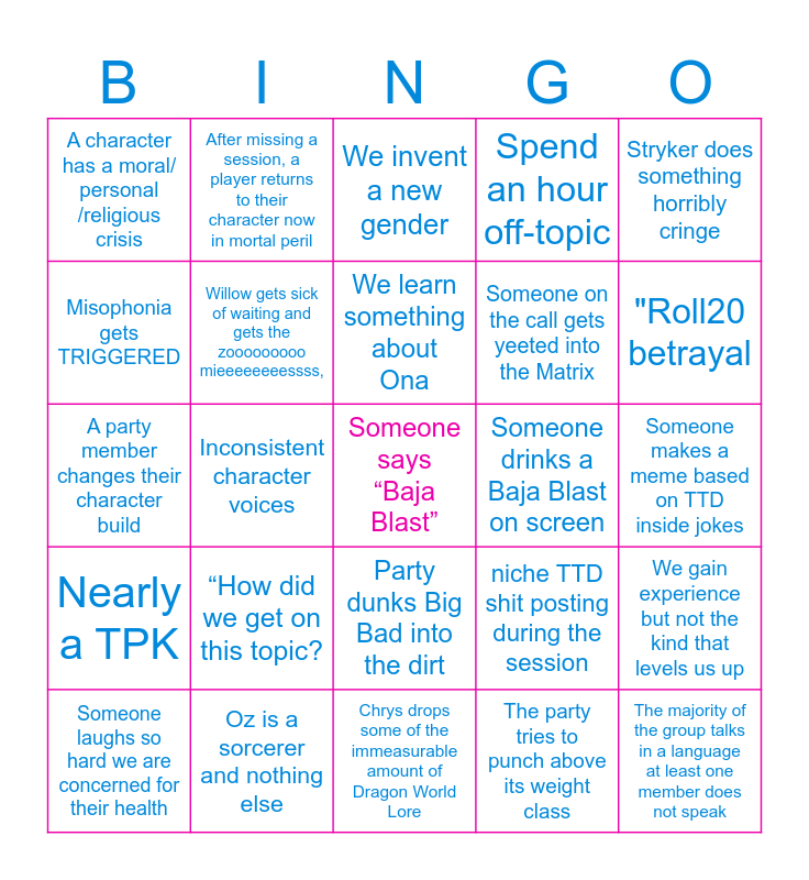 TTD Bingo Card