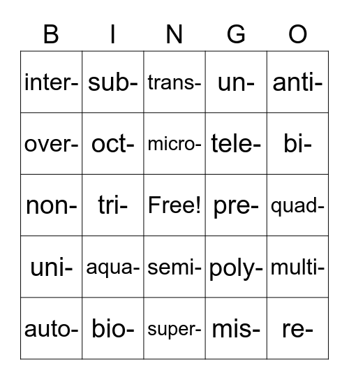 Root Word Bingo Card