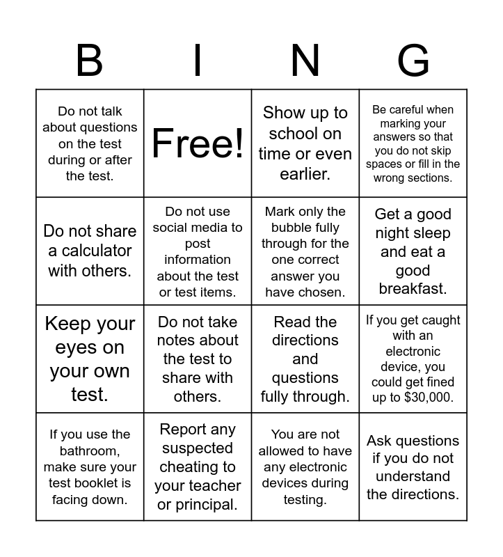 PSSA Code of Conduct Bingo Card