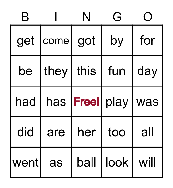 Sight Word B Bingo Card