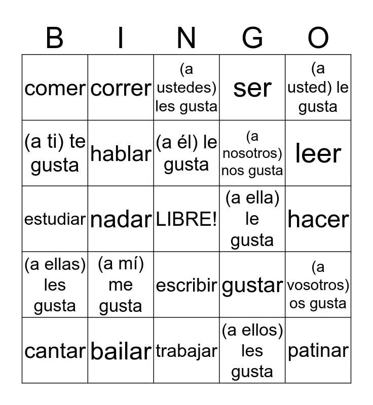 Gustar Bingo Card