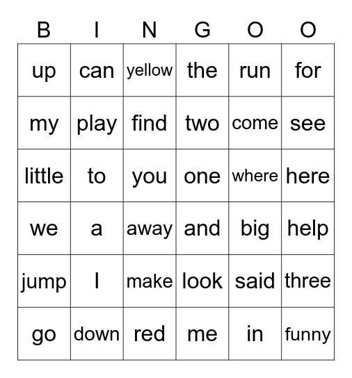 Sight Words Bingo Card