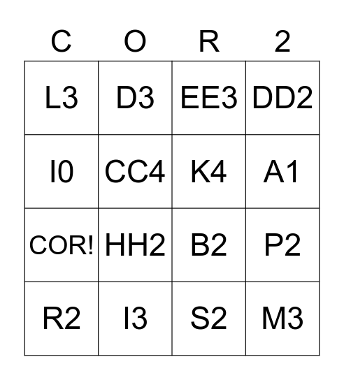COR Bingo Card