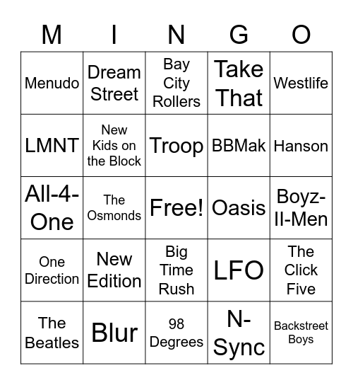 Boy Bands Bingo Card