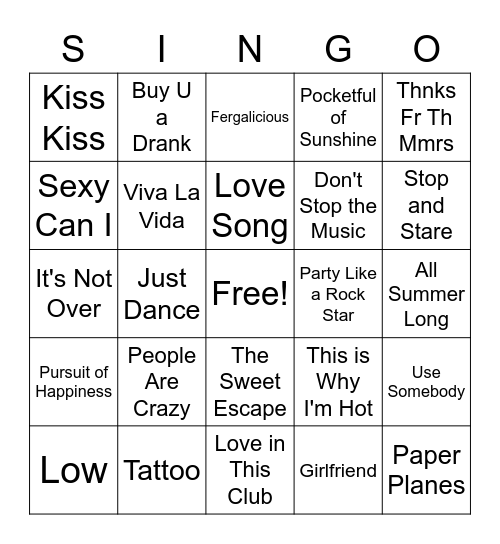 2007-2008 Songs Bingo Card