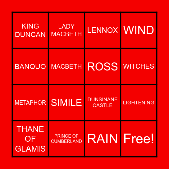 Macbeth Bingo Card