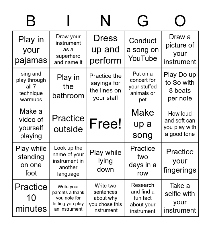 Practice Bingo Card