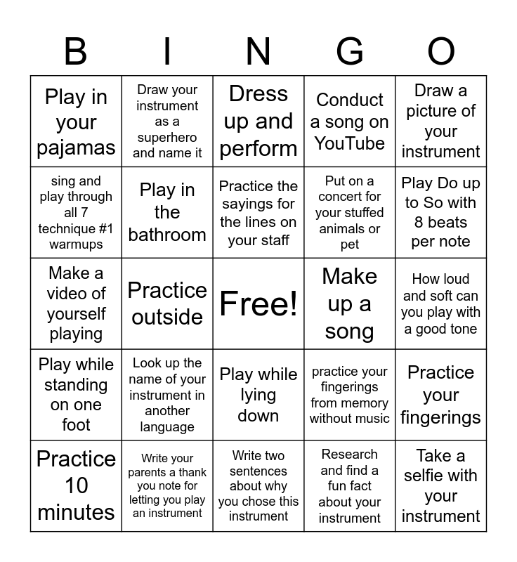 Practice Bingo Card