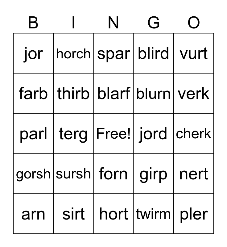 Bossy R Nonsense Word Fluency Bingo Card