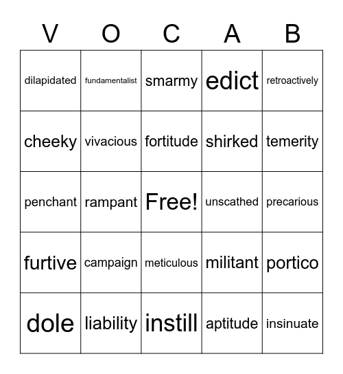 7th Grade Vocabulary Bingo Card