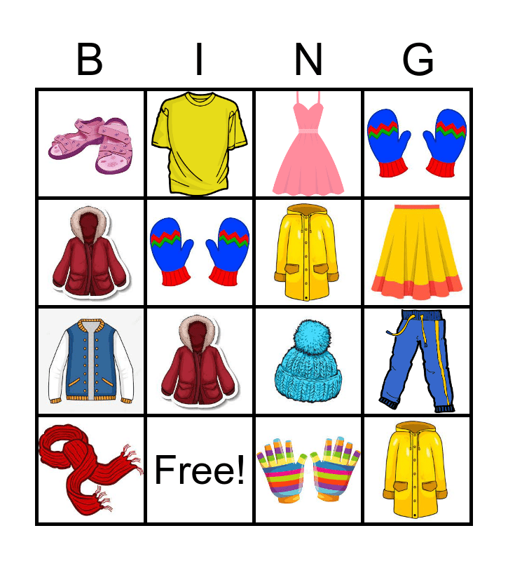 Clothing Bingo Card