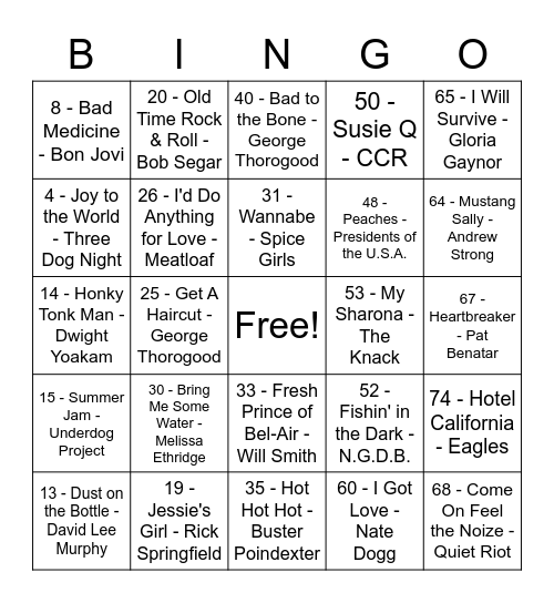 Rock and Roll 2 Bingo Card