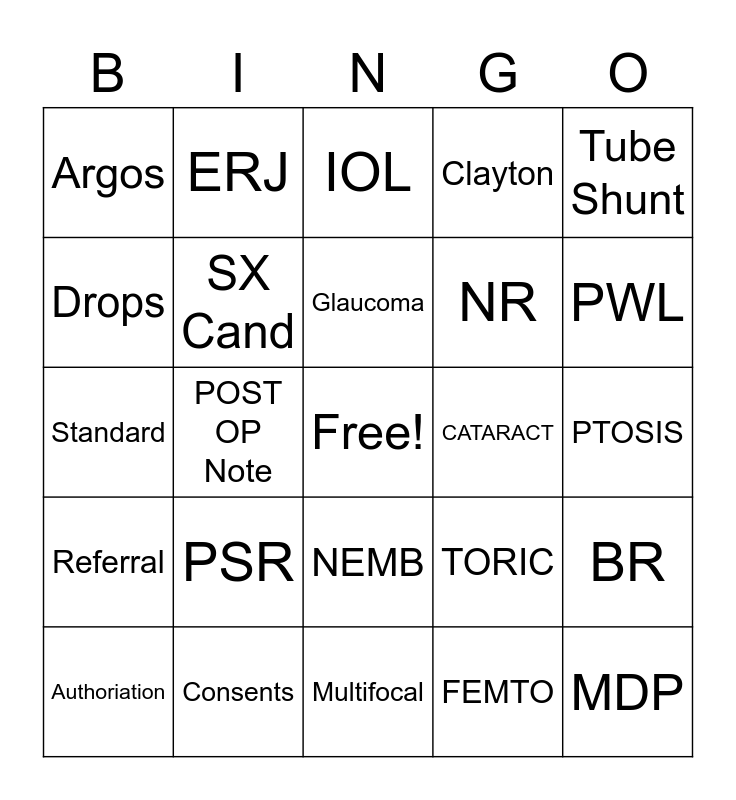Surgery Department Bingo Card