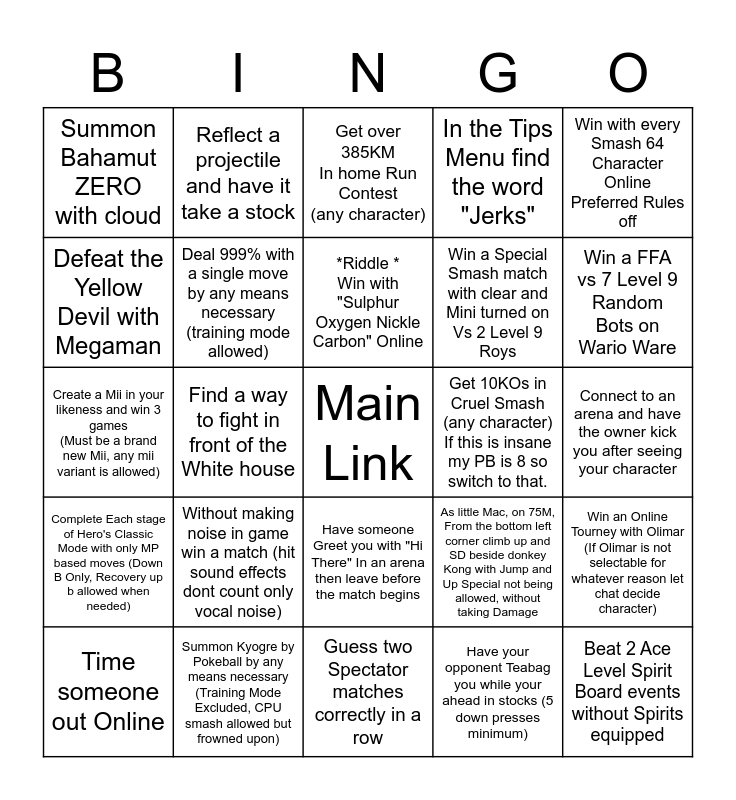 Smash Ultimate Sillintor Blackout Bingo Card