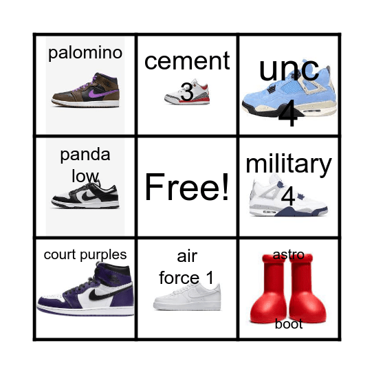 sneaker Bingo Card