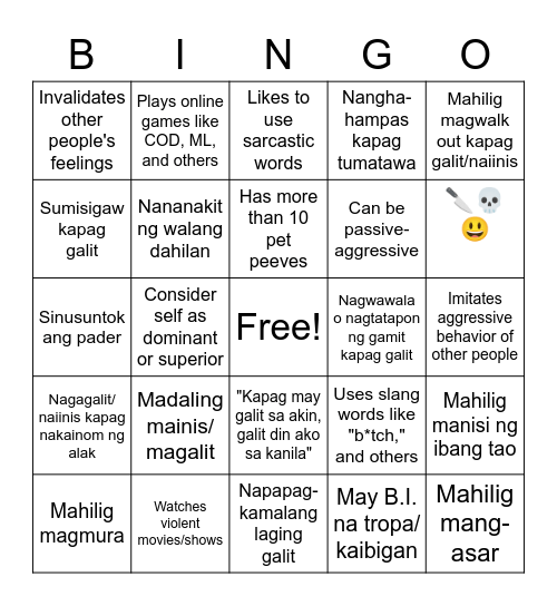 Aggression: Hurting Others Bingo Card