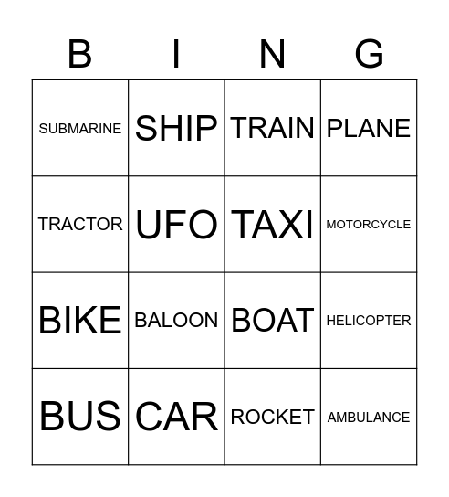 MEANS OF TRANSPORT Bingo Card