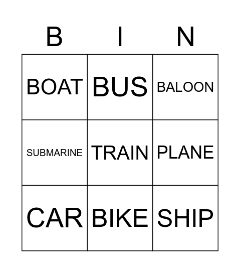 MEANS OF TRANSPORT Bingo Card