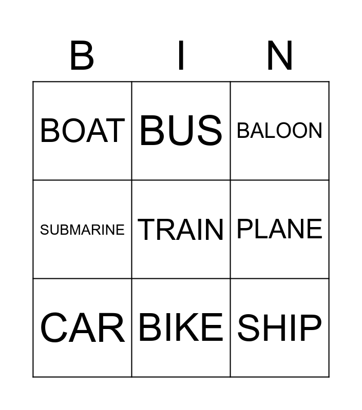 MEANS OF TRANSPORT Bingo Card
