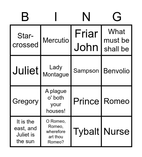 Romeo and Juliet Bingo Card