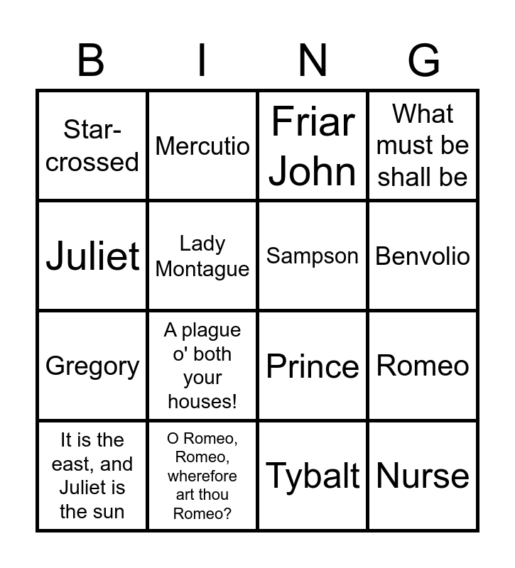 Romeo and Juliet Bingo Card
