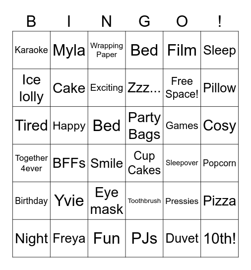 Yvie's Sleepover Bingo! Bingo Card