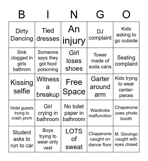 Prom Bingo Card