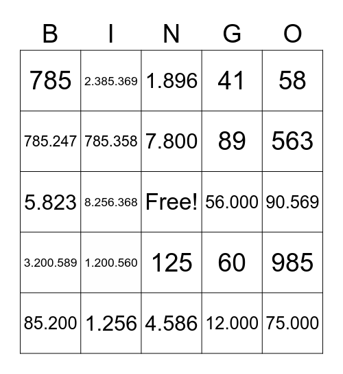 BIG NUMBERS BINGO Card