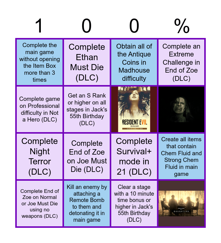 RE7 100% Achievements Card Bingo Card