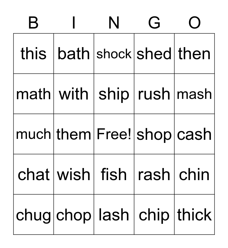 Digraph Bingo Card