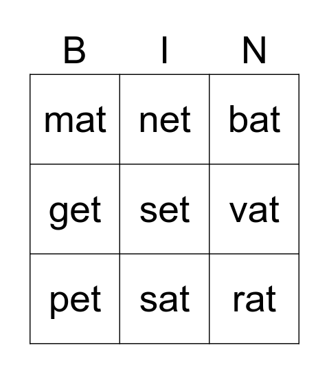 CVC Words Bingo Card
