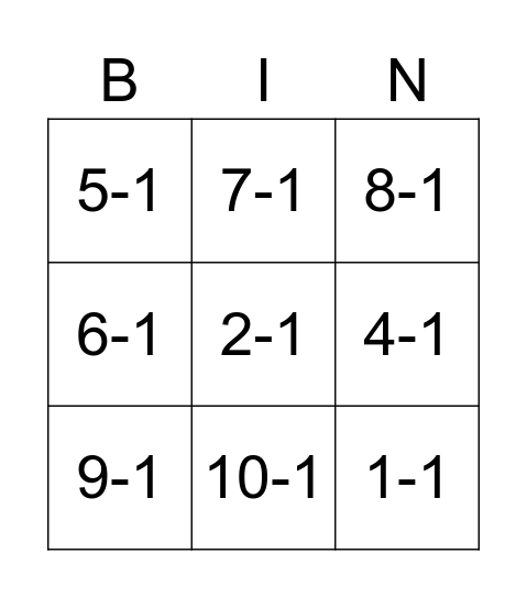 Mattebingo minus -1 Bingo Card