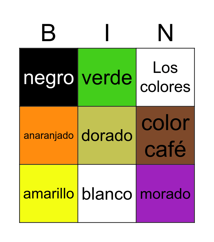 Los colores Bingo Card