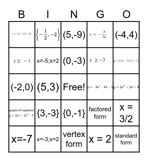 Quadratic Functions Bingo! Bingo Card